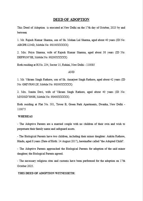 Adoption Deed Format | Lawyer Drafted Adoption Papers Online